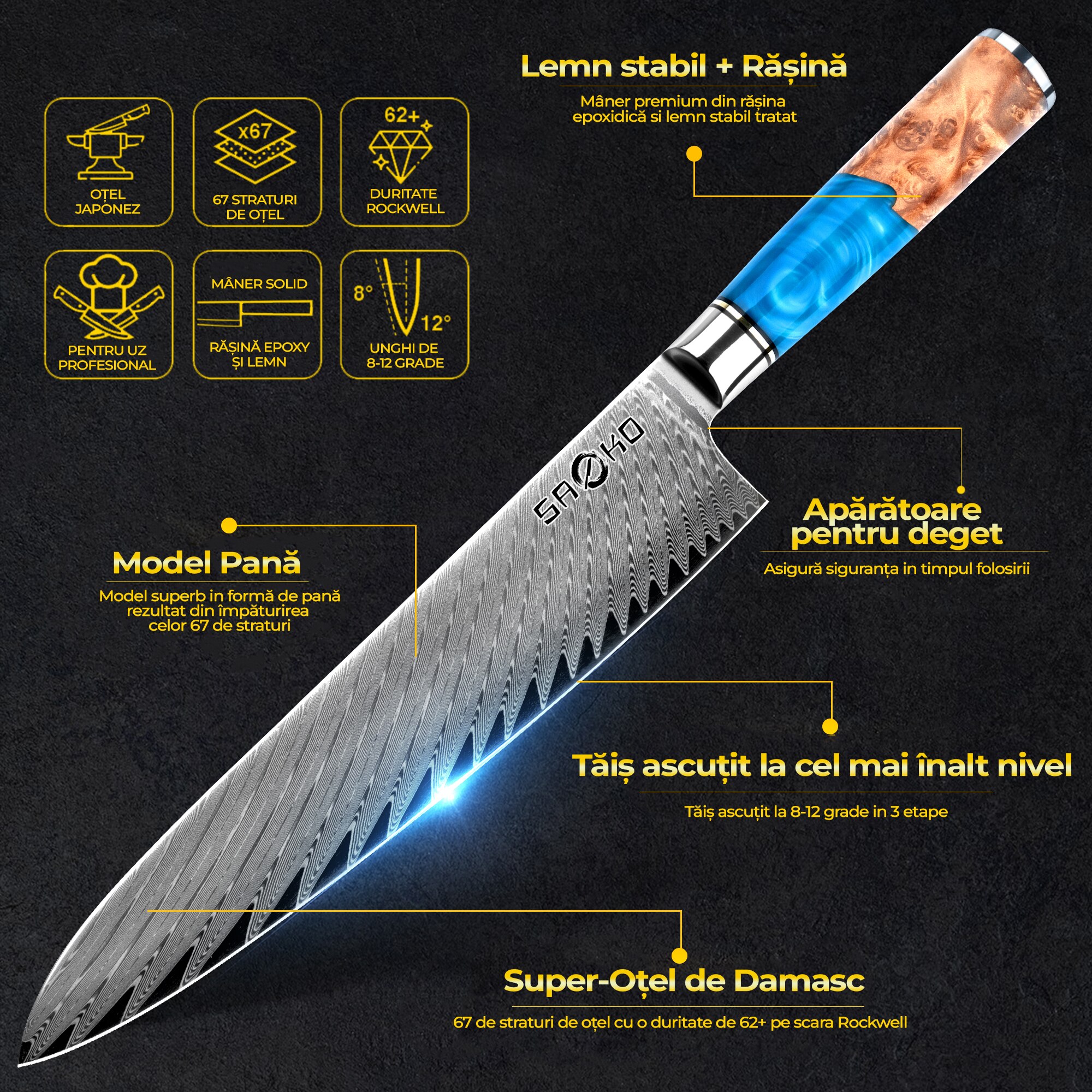 Cutitul bucatarului profesional SAOKO ®, otel damasc 67 straturi, maner ...