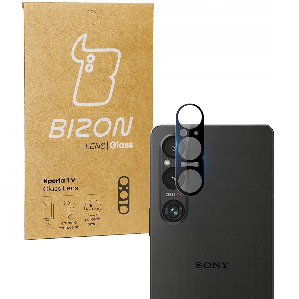Protectie camera telefon, Bizon, Sticla, Xperia 1 V, Negru/Transparent ...