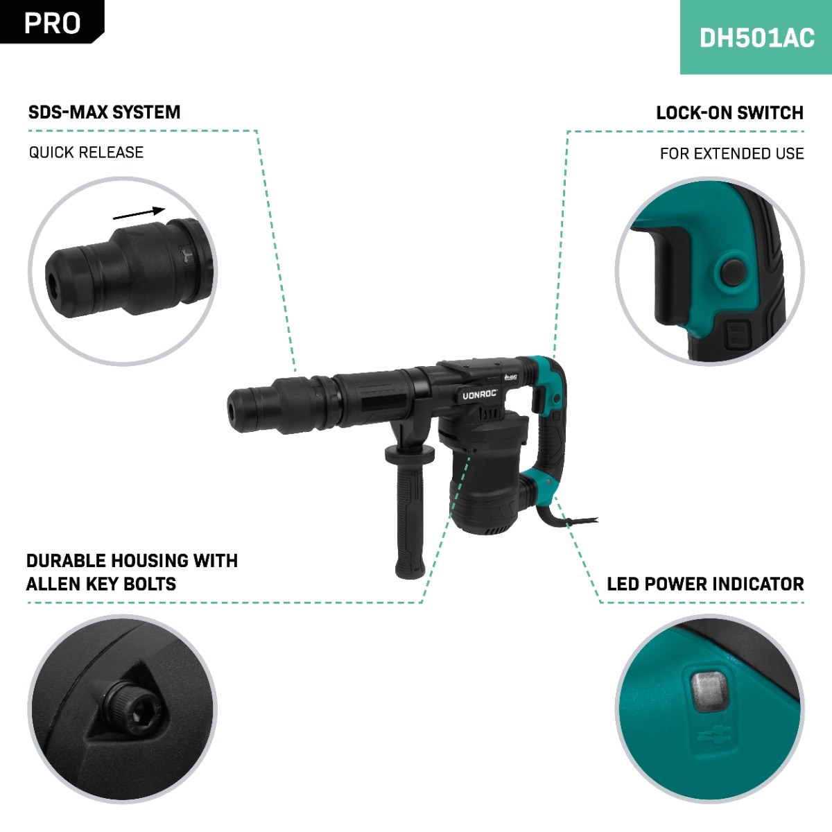 Къртач VONROC DH501AC, 1200W, SDS-MAX, 6 кг, 14 Джаула - eMAG.bg