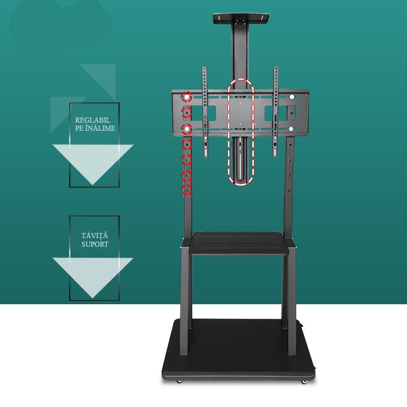 Stand mobil de televizor cu roti pivotante la 360°, ajustabil, raft ...