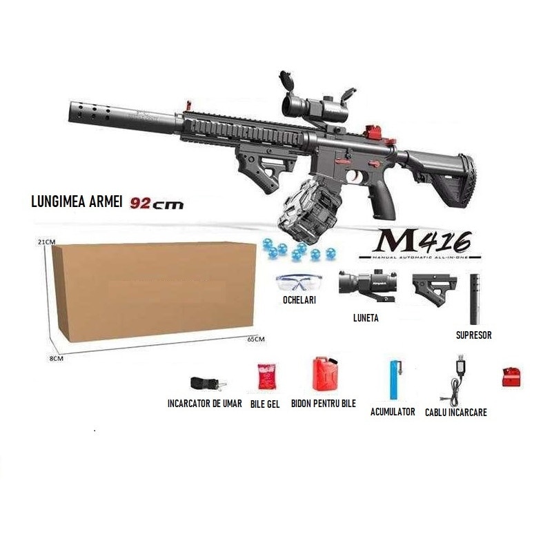 Pusca automata M416 cu mini gel si accesorii pentru copii, G640-AD ...