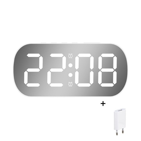 Ceas Digital de Masa cu Led Alb, Stil Oglinda Oval, Alarma, Ecran LED ...