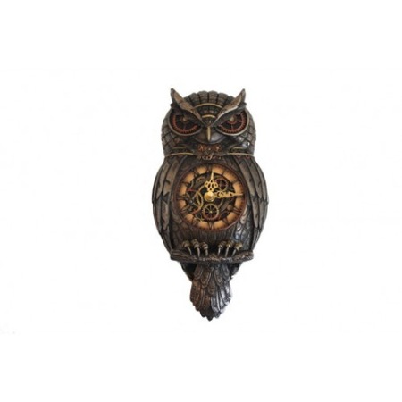 Ceas de perete, cu pendul, model bufnita, steampunk, rasina si bronz ...