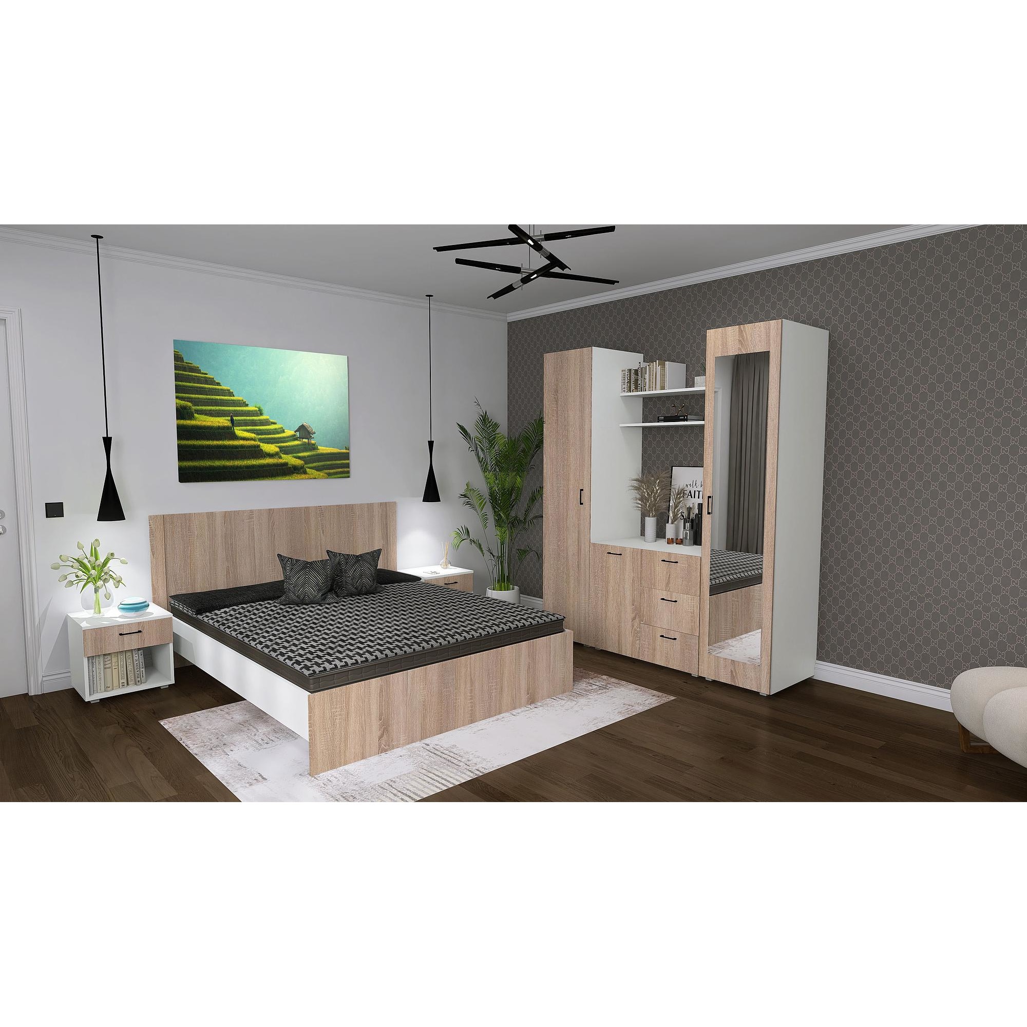 Set Dormitor JUMBO 17, pat 140x200, noptiere, 2 dulapuri, comoda cu ...