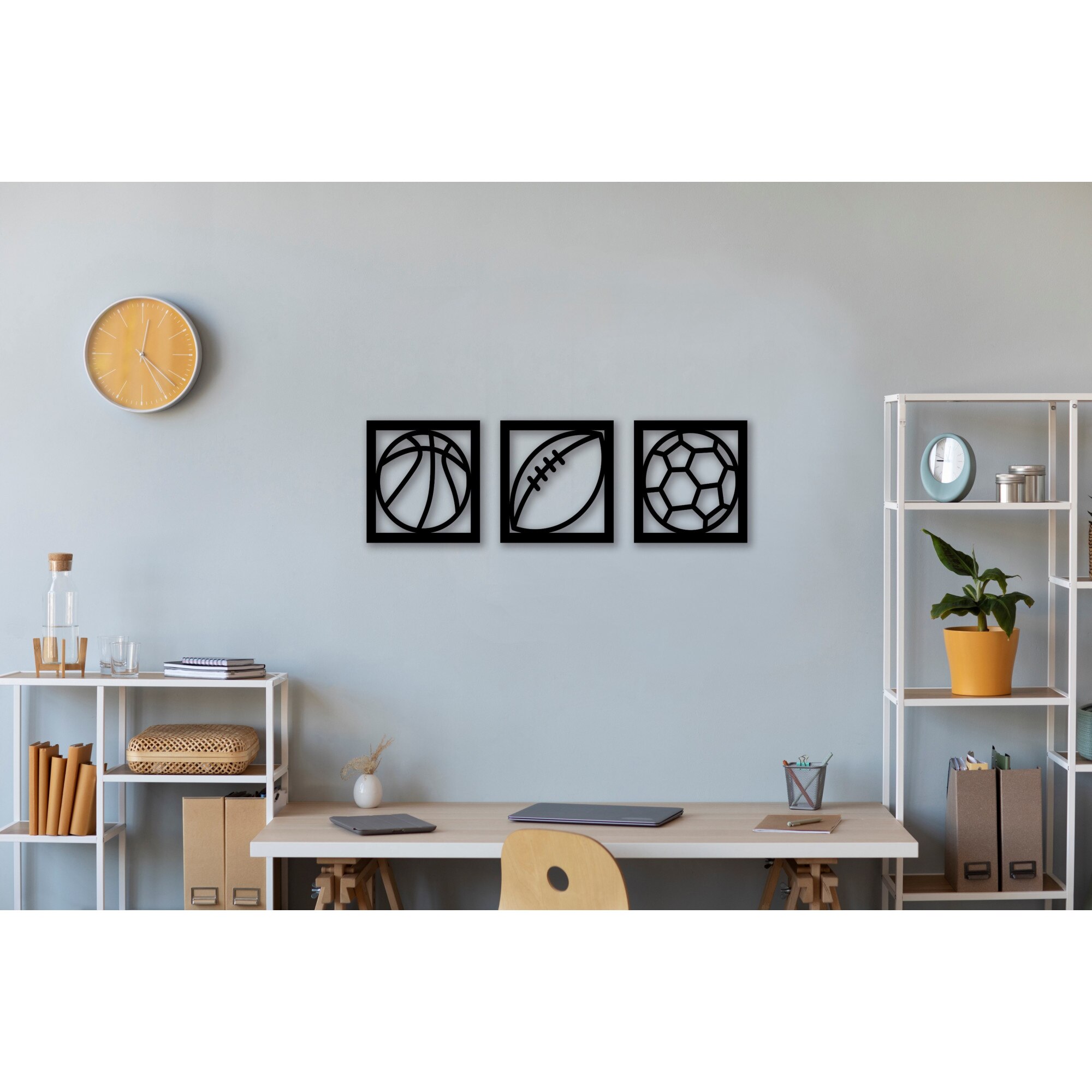 Decor Perete, MDF, Patrat, Forma Mingi, Set de 3 Buc, 30cmX100cm, Negru ...