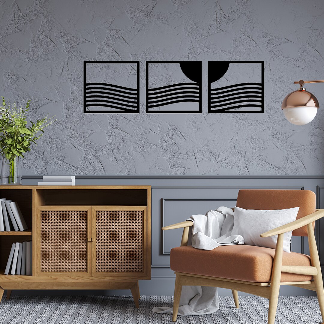 Decor Perete, MDF, Patrat, Forma Soare si Panorama, Set de 3 Buc ...