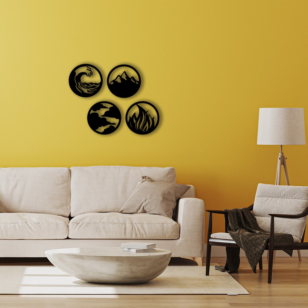 Decor Perete, MDF, Rotund, Forma 4 Elemente, 4 Bucatii cu 25cm,, Negru ...