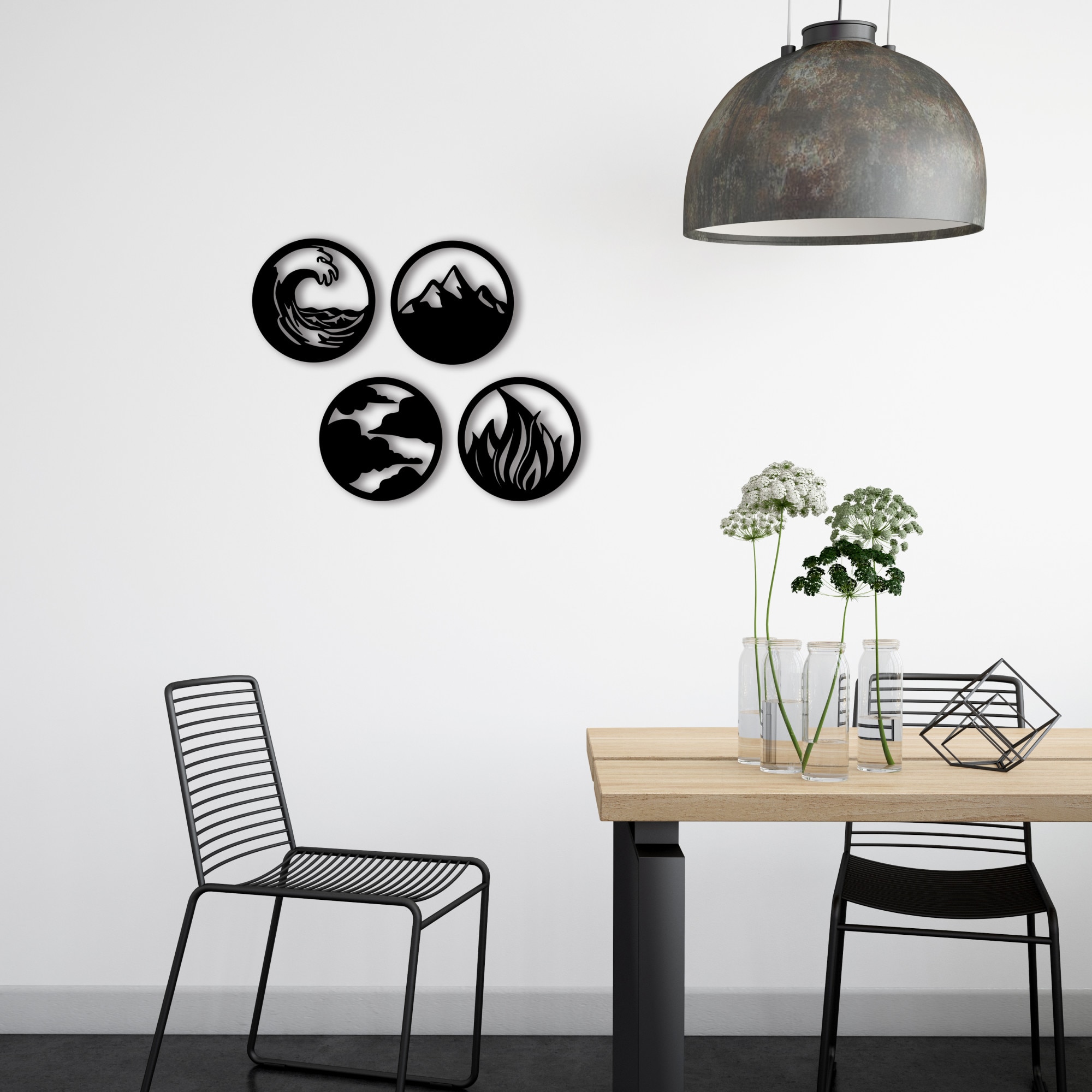 Decor Perete, MDF, Rotund, Forma 4 Elemente, 4 Bucatii cu 25cm,, Negru ...