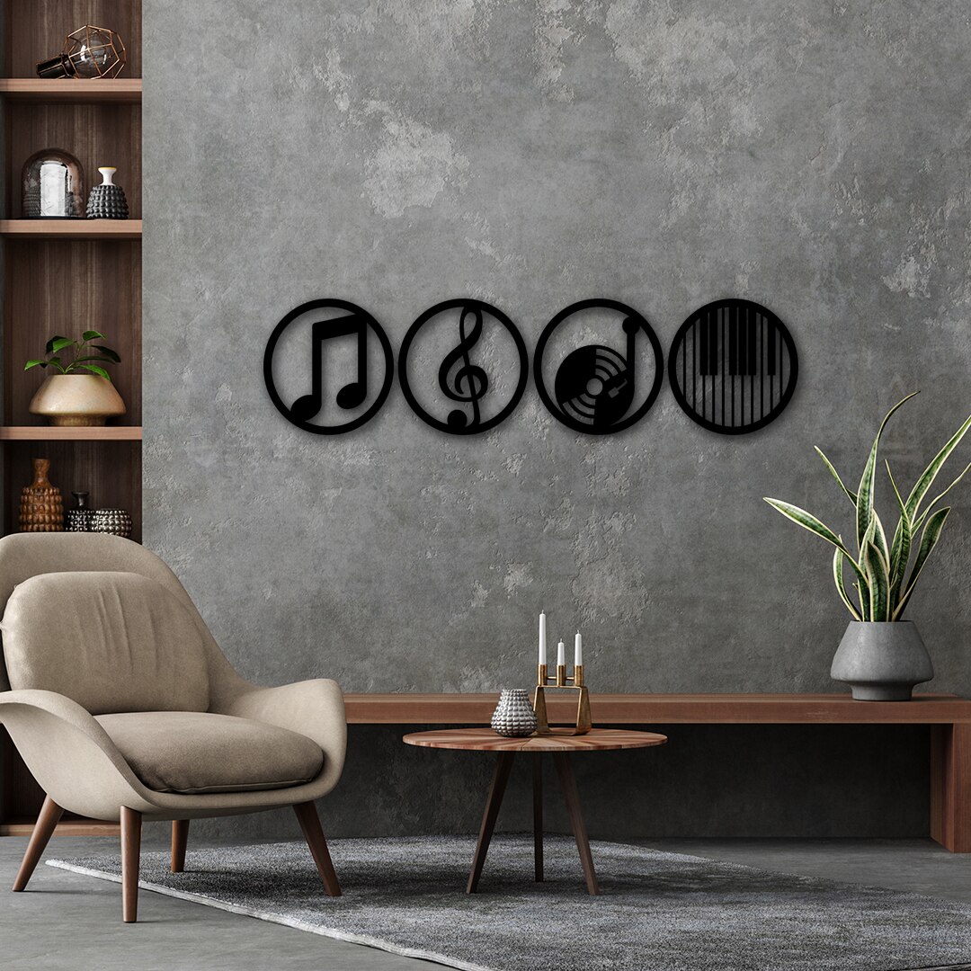 Decor Perete, MDF, Forma Note Muzicala, Rotund 25Cm radius 4 Buc, Negru ...