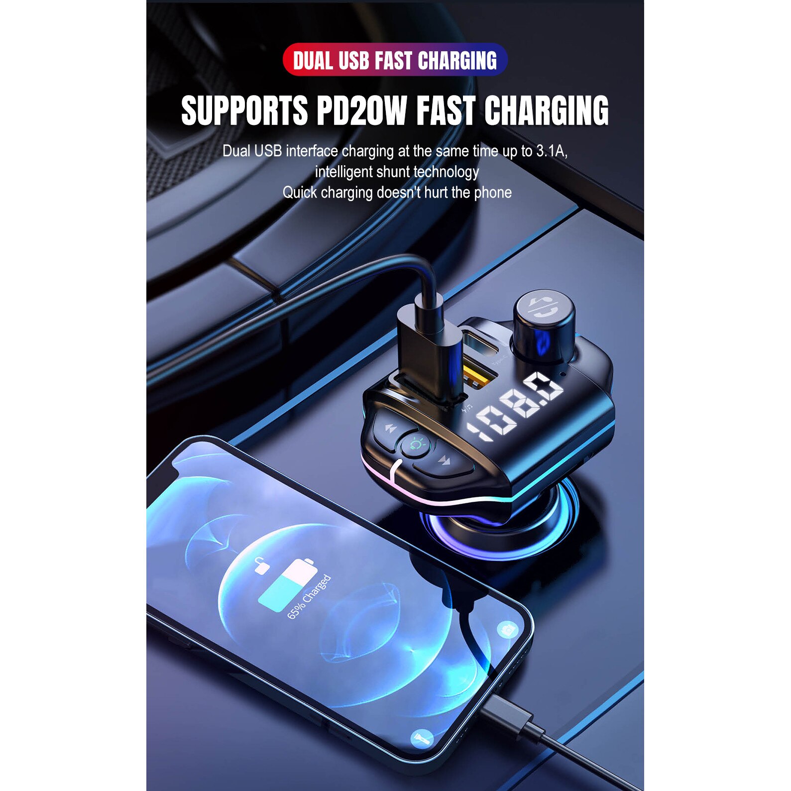 Modulator FM Auto Bluetooth 5.0 EverQ®, Incarcator Auto Tip C / USB QC ...