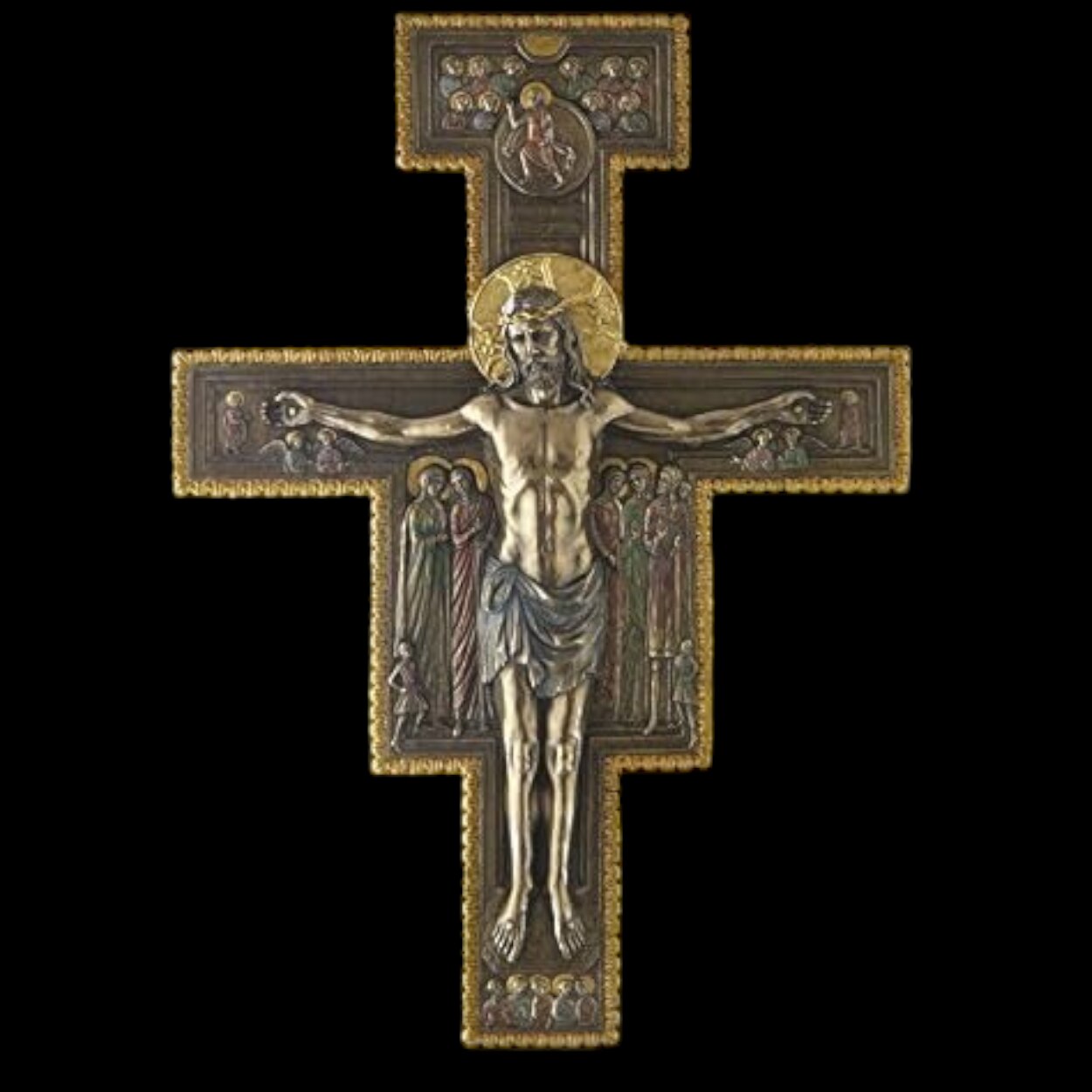 Figurina Isus pe Cruce Lui San Damiano, Rasina acoperita cu bronz, 40cm ...
