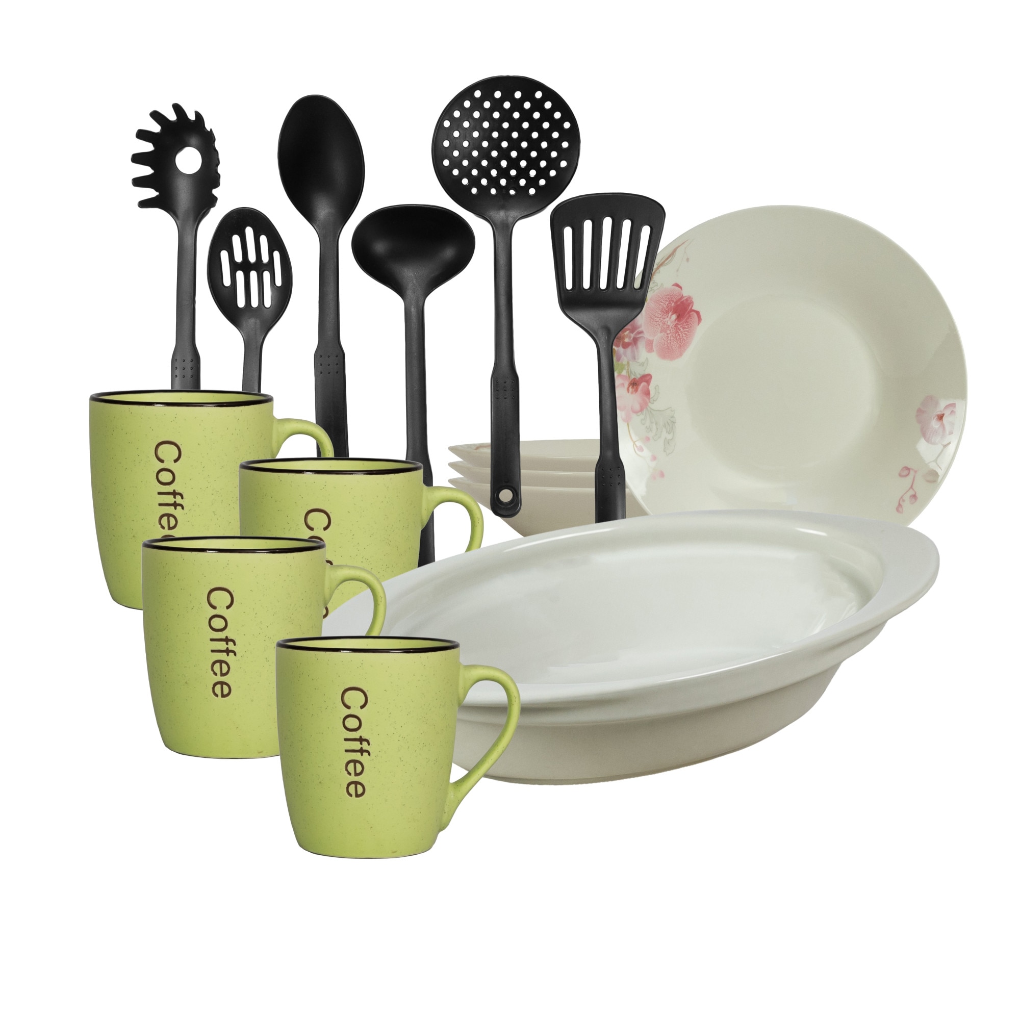 Set vesela, 4 persoane, 15 piese, cana verde, farfurie adanca, tava ...
