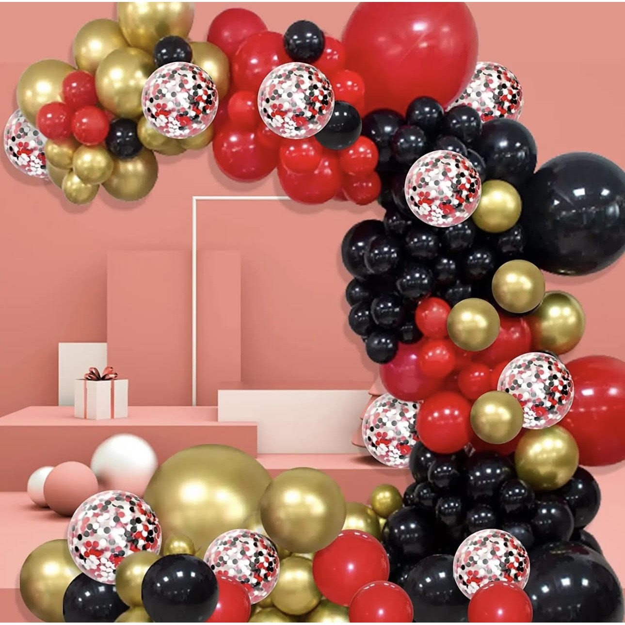 Set aranjament din baloane tip arcada, auriu, rosu, negru, transparente ...