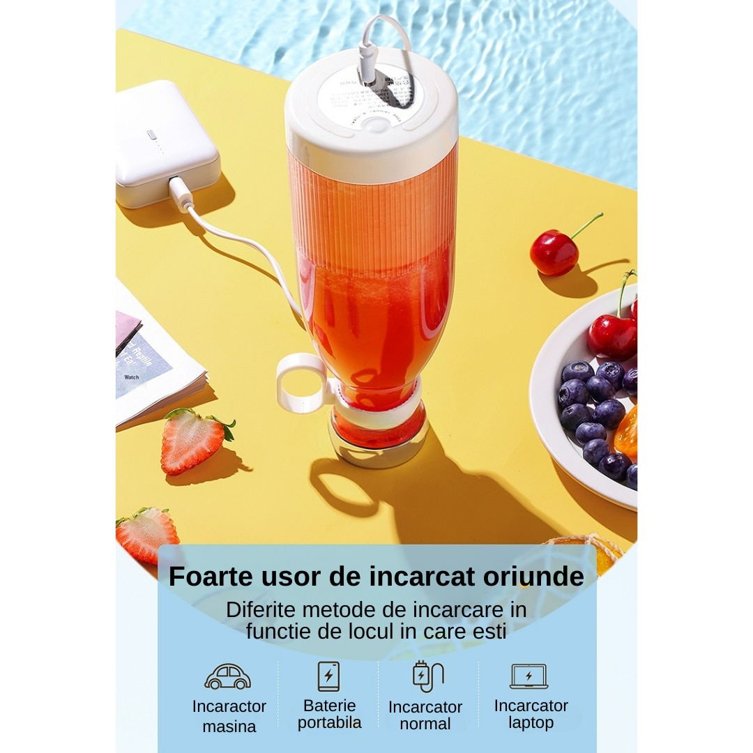 Blender portabil electric, Autonomie mare, Capacitate 350 ml, 4 Lame 3D ...