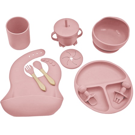 Set 10 piese hranire bebe, diversificare, silicon, baveta, farfurie, bol cu ventuza, lingurita ...