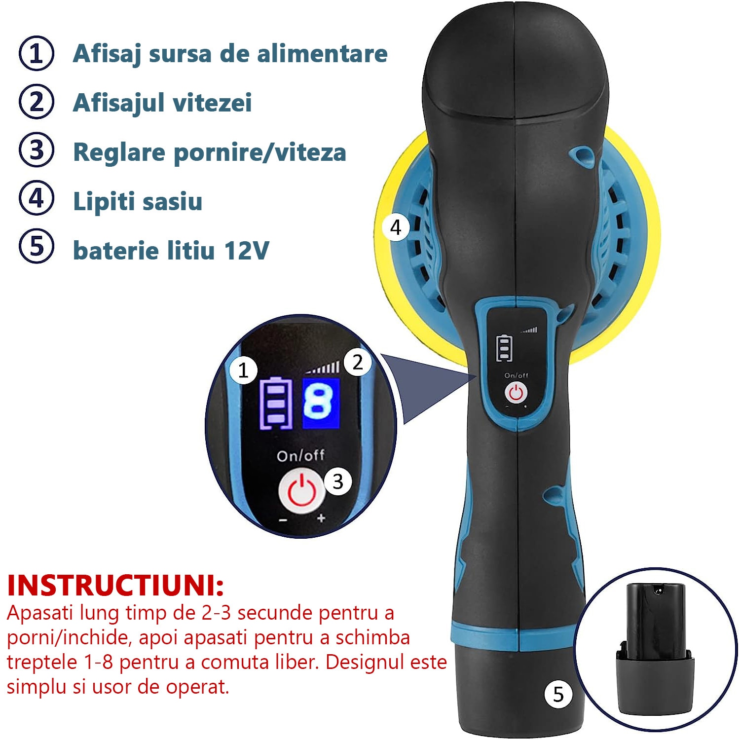 Aparat de slefuit/lustruit pe acumulator cu excentric, Vaxiuja, 2500 ...