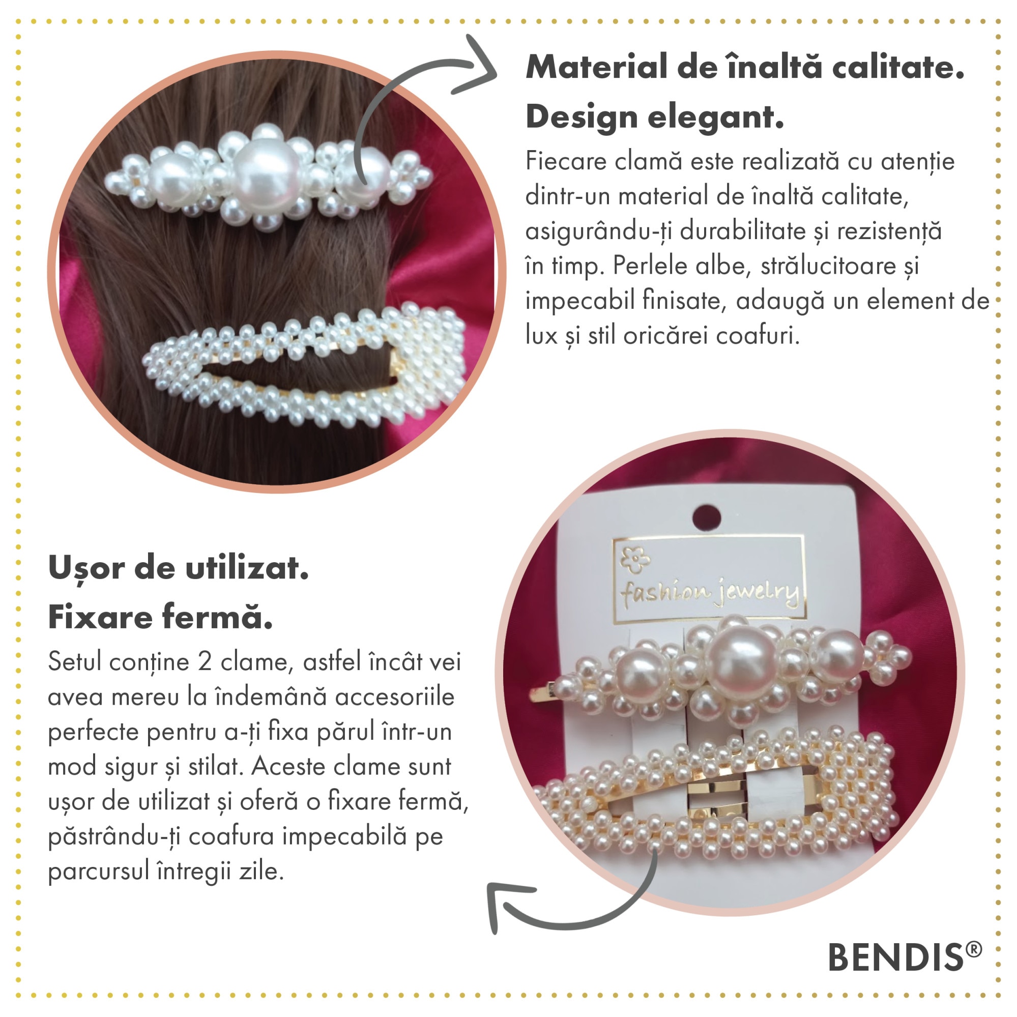 Set 2 clame pentru par cu perle albe, material premium, agrafe cu ...