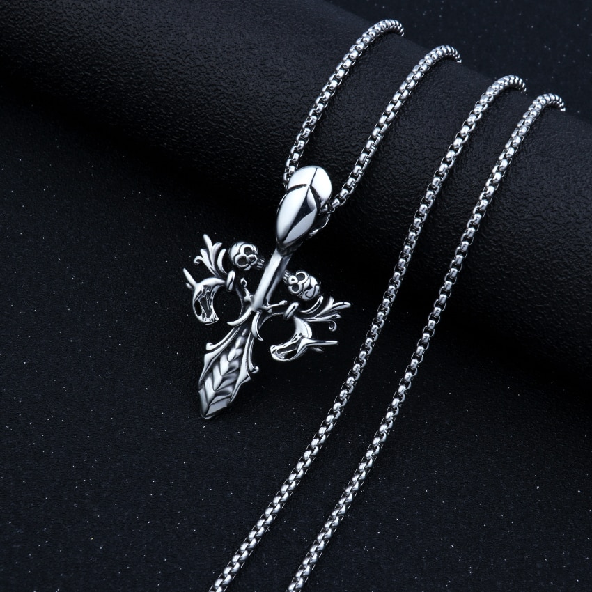 Lant model gothic, cu pandantiv cruce cu dead skull, unisex, argintiu ...