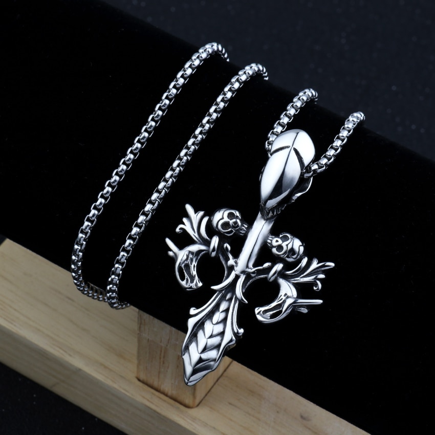 Lant model gothic, cu pandantiv cruce cu dead skull, unisex, argintiu ...