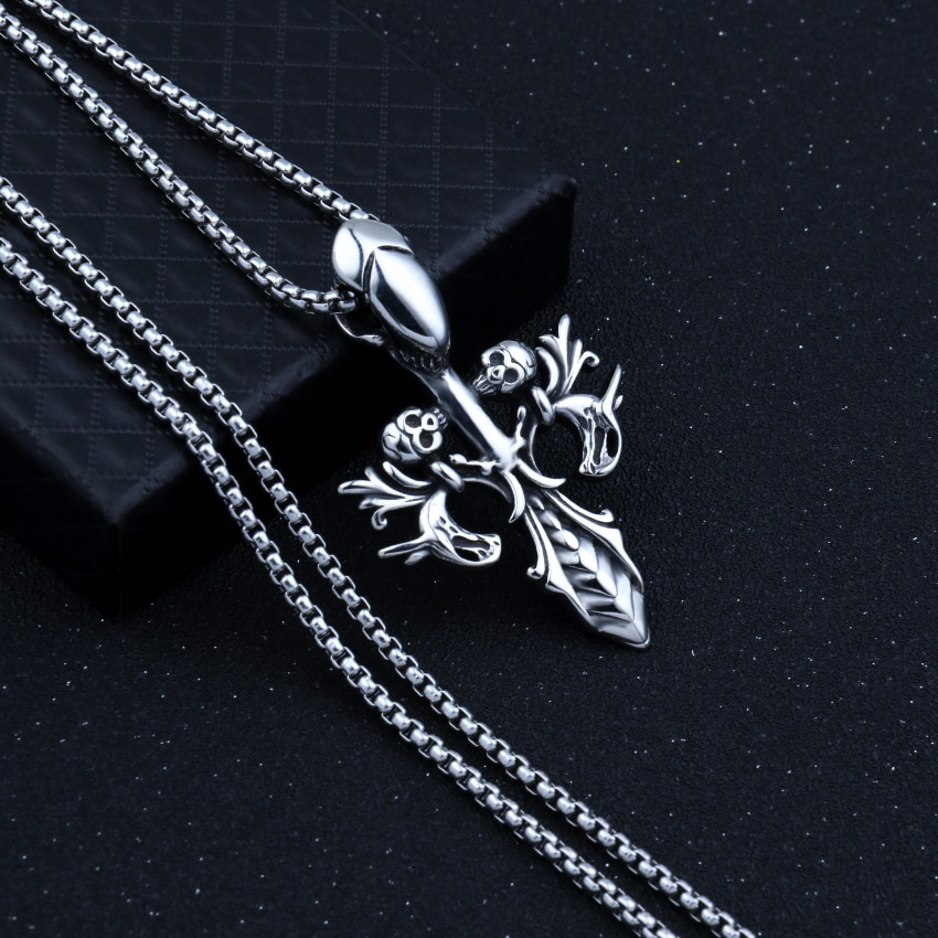 Lant model gothic, cu pandantiv cruce cu dead skull, unisex, argintiu ...