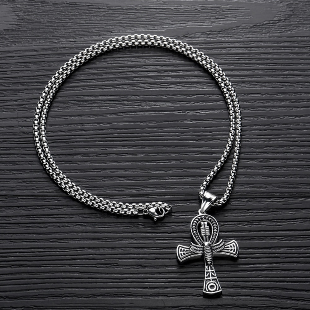 Lant model Anhk, cu pandantiv cruce egipteana, unisex, argintiu, EFAYN ...