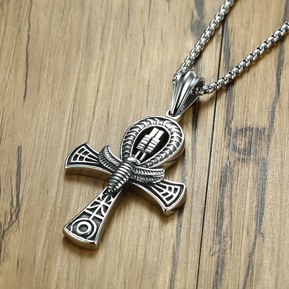 Lant model Anhk, cu pandantiv cruce egipteana, unisex, argintiu, EFAYN ...