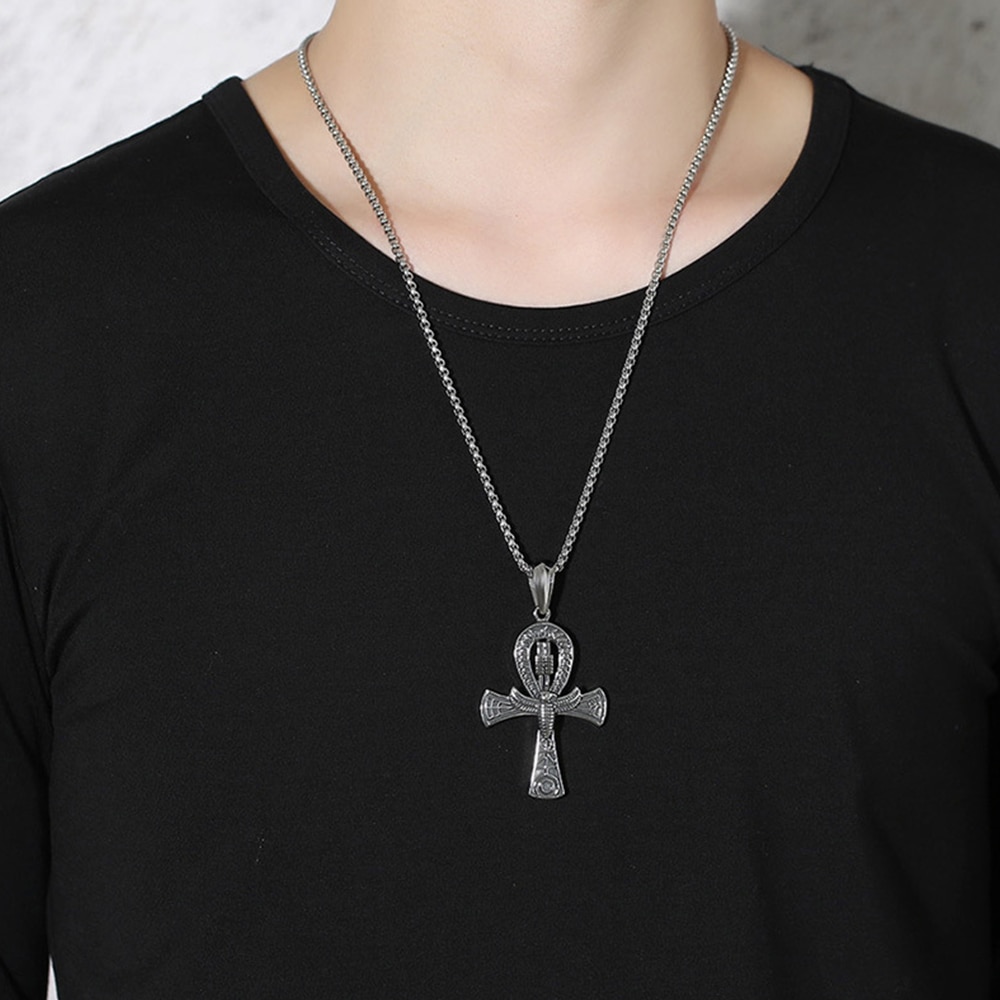 Lant model Anhk, cu pandantiv cruce egipteana, unisex, argintiu, EFAYN ...