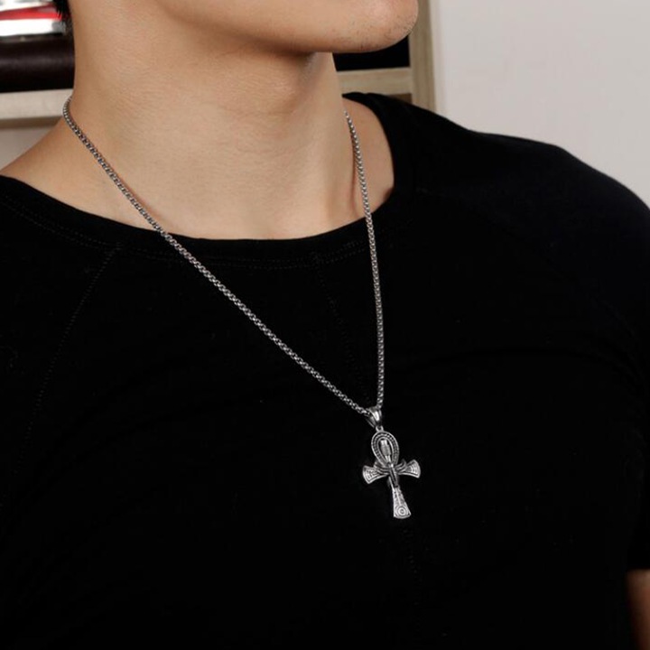 Lant model Anhk, cu pandantiv cruce egipteana, unisex, argintiu, EFAYN ...