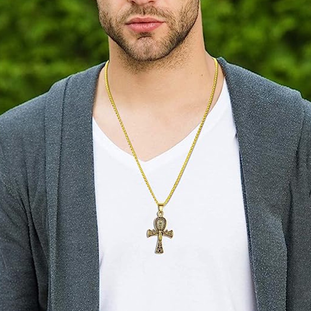 Lant model Anhk, cu pandantiv cruce egipteana, unisex, auriu, EFAYN ...