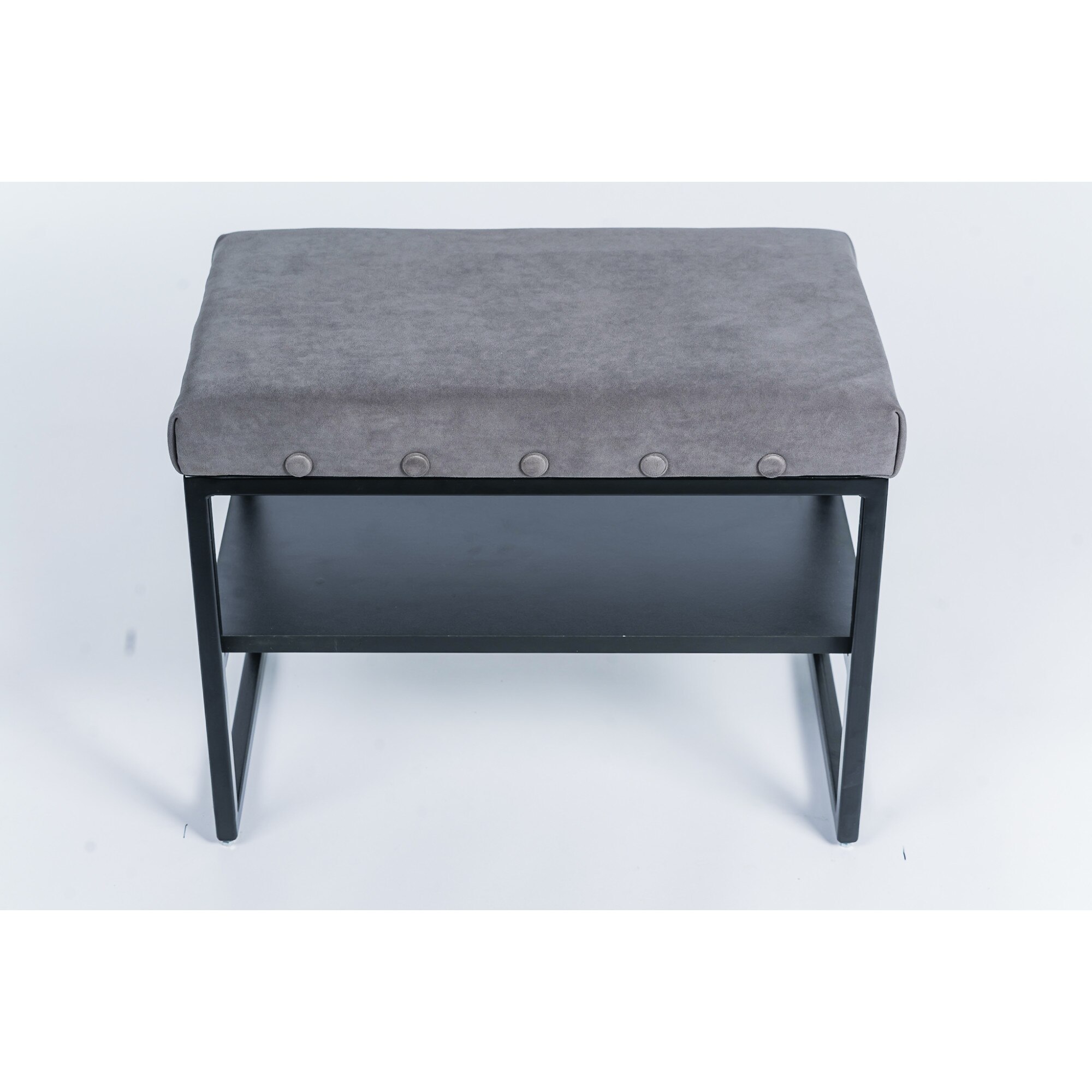 Bancheta tapitata, 60x32x45 cm, cadru metalic simplu negru cu o polita ...