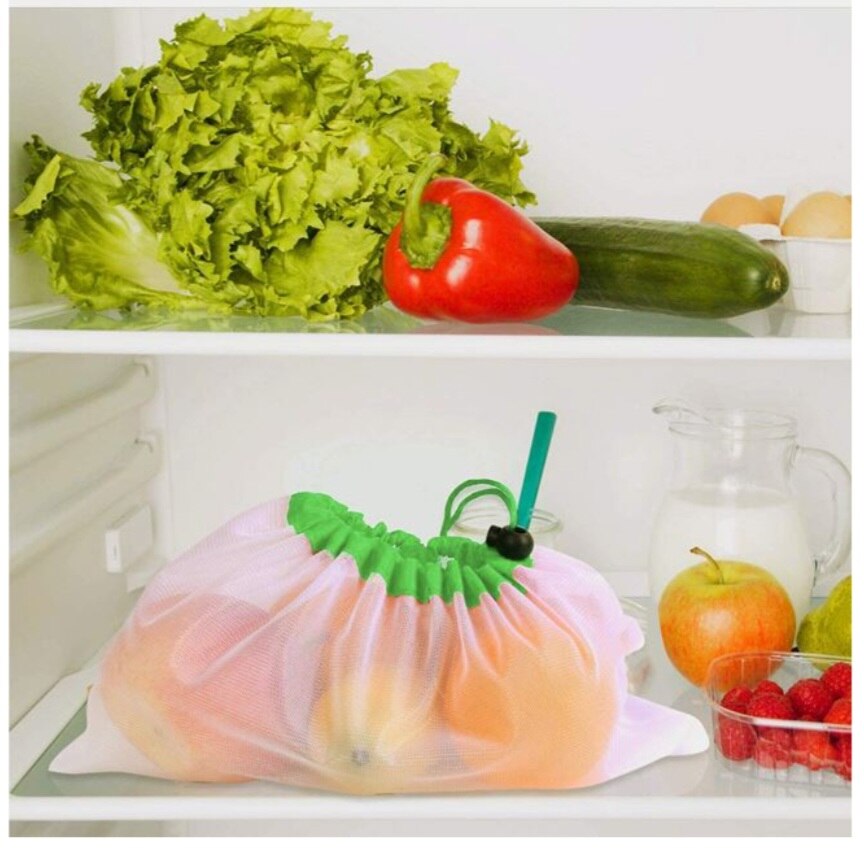 Set 4 saculeti depozitare fructe si legume, cu snur, alb/verde, 43 x 30 ...