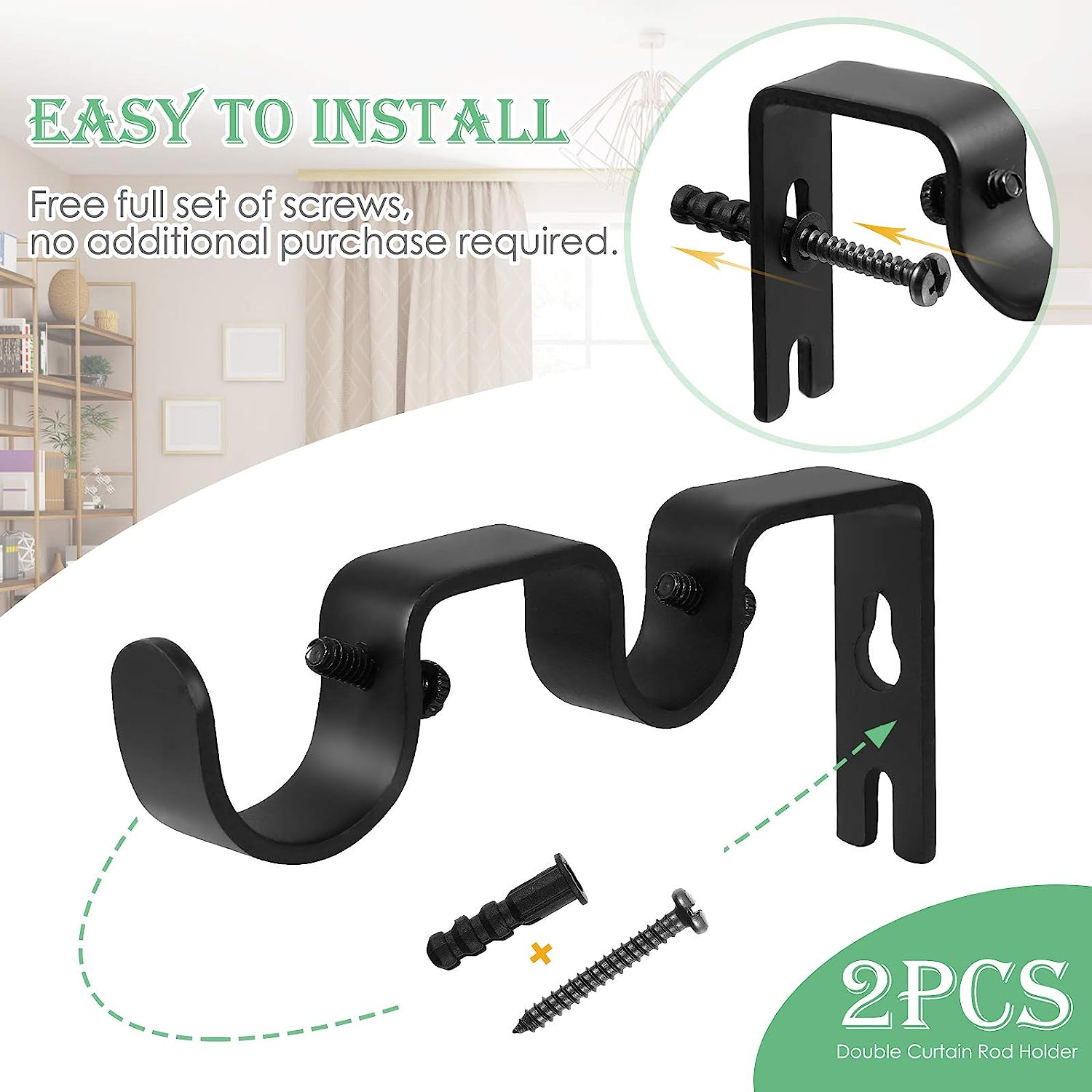 Set 2 suporturi pentru tija de perdea, 12.2x5.3x1.6cm, Fier, Negru ...