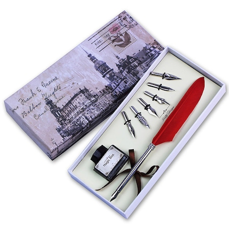 Set stilou caligrafie cu pana colorata rosie, calimara si 5 penite de ...