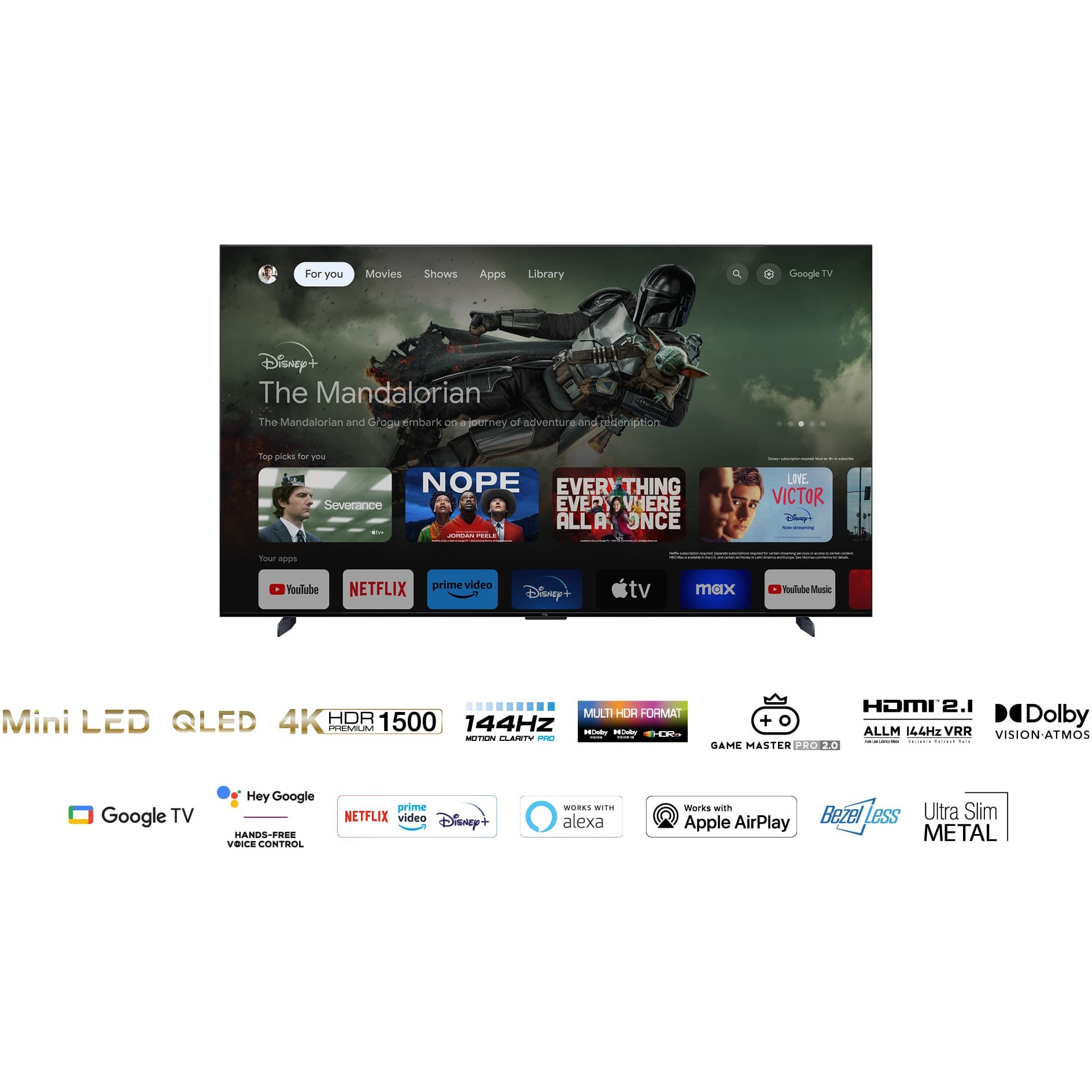 Телевизор TCL MiniLed 98C805, 98" (248 см), Smart Google TV, 4K Ultra ...