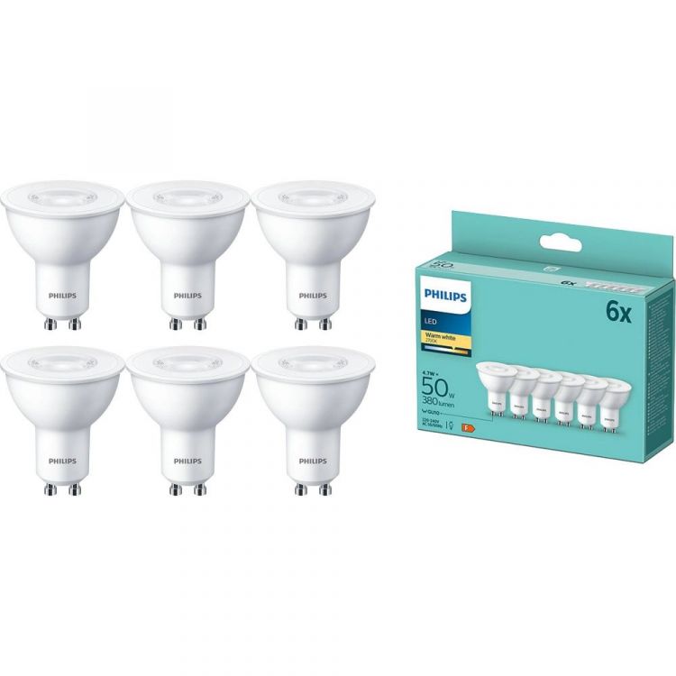 Pachet 6 becuri LED Philips, GU10, 4.7W (50W), 380 lm, lumina alba calda (2700K) - eMAG.ro