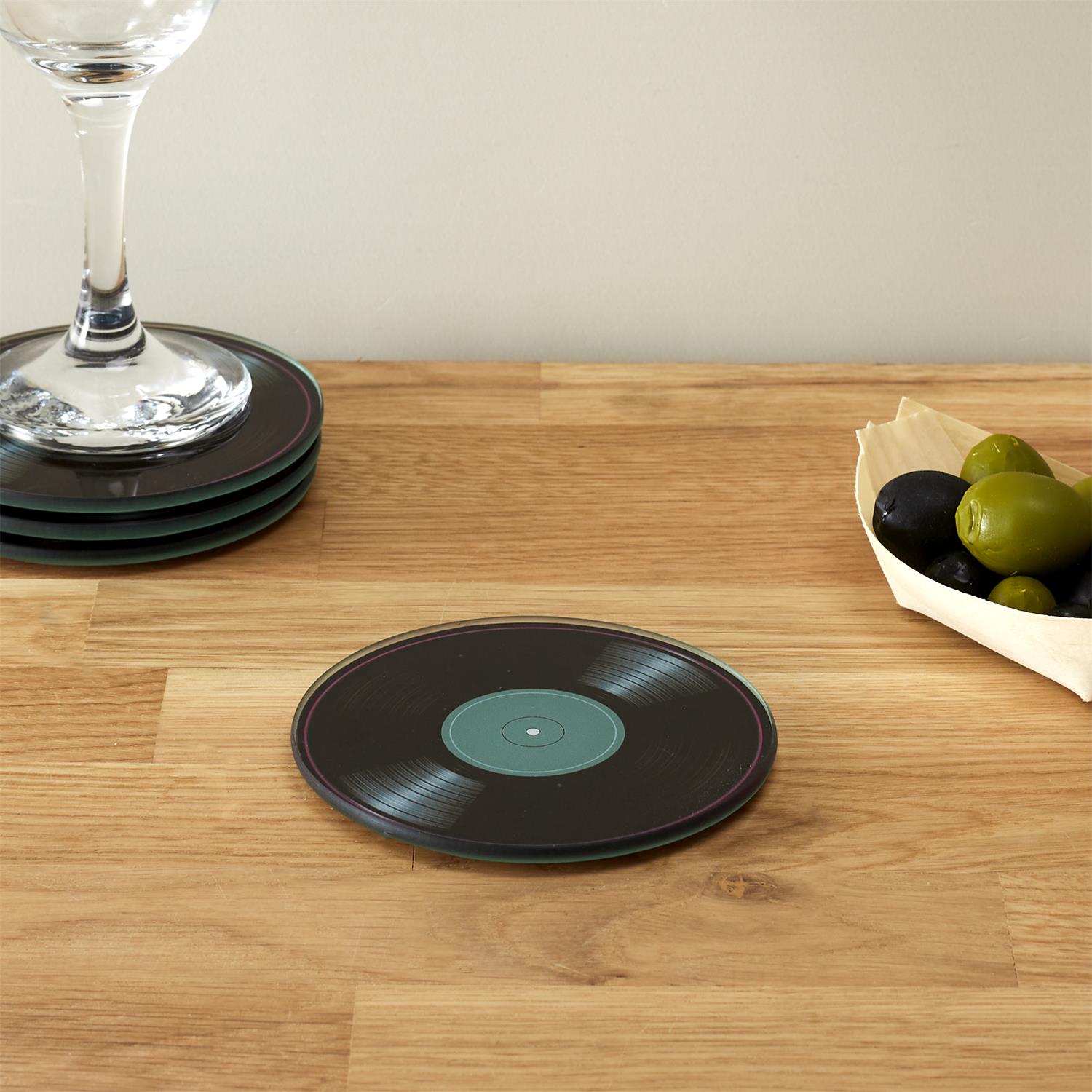 Set 4 suporturi pahare, diametru 10 cm, discuri vinil, Retro, Happymax ...