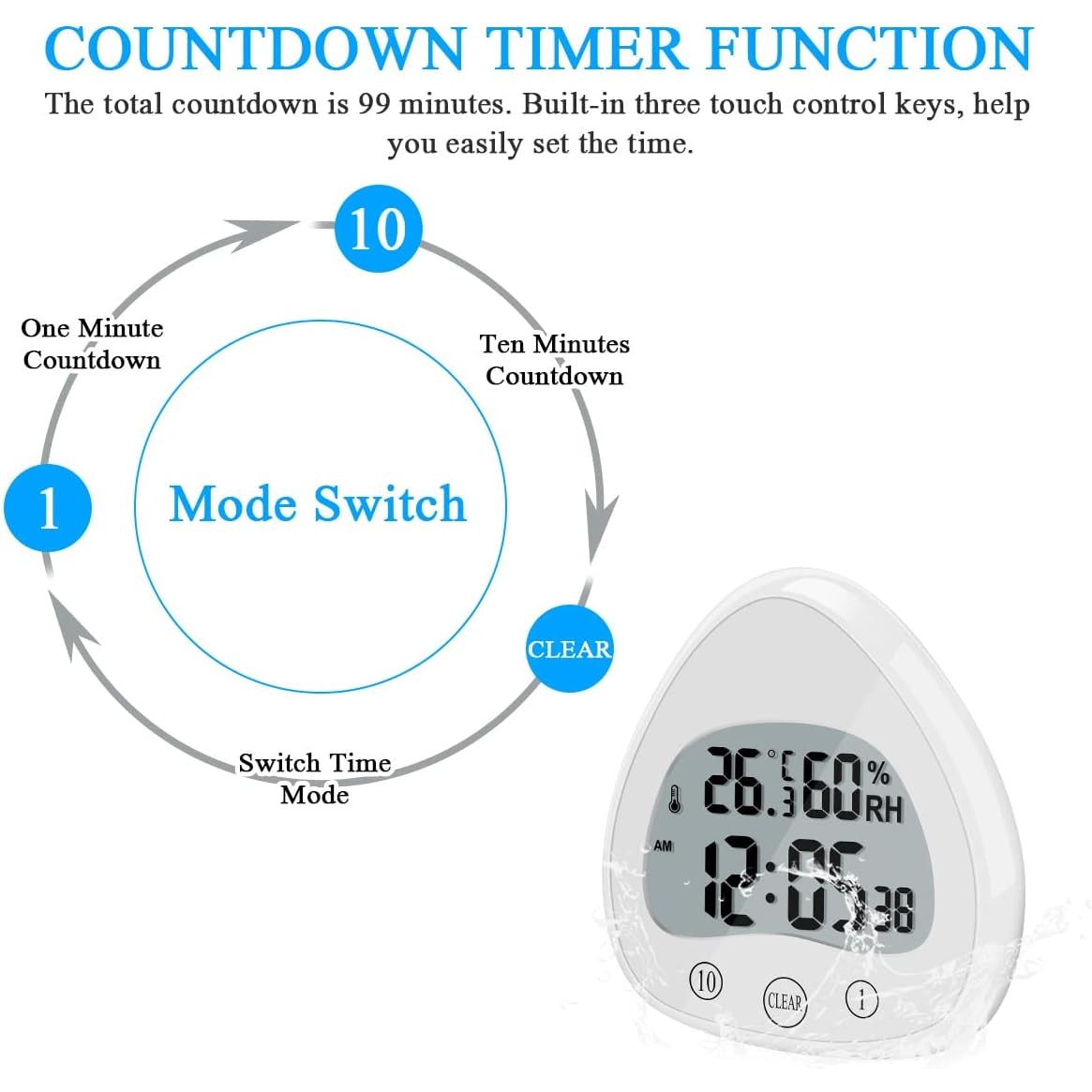 Ceas de baie, LCD, Plastic, 10.9 x 5 x 11.2 cm, Alb - eMAG.ro