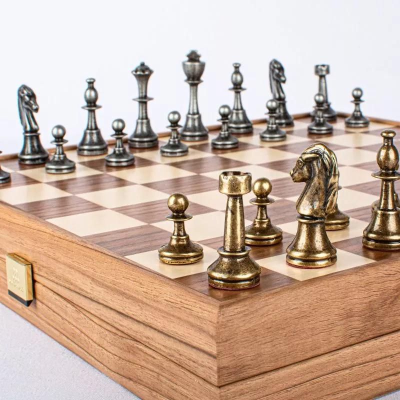 Joc Sah, Manopoulos, Staunton, caseta 35 x 35 cm, piese brass & pewter ...