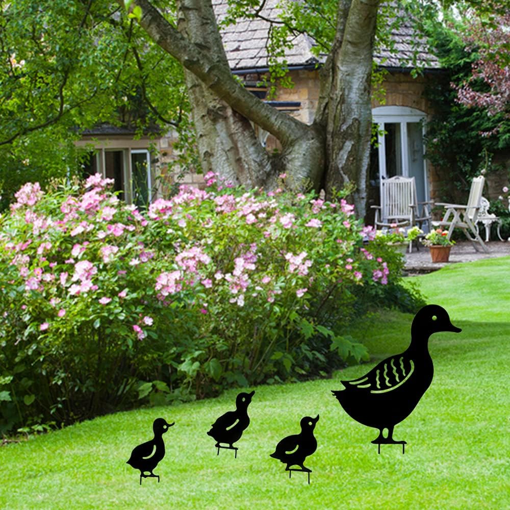 Decor de gradina, mama rata si cei trei pui, Sunmostar, Metalic, Negru ...