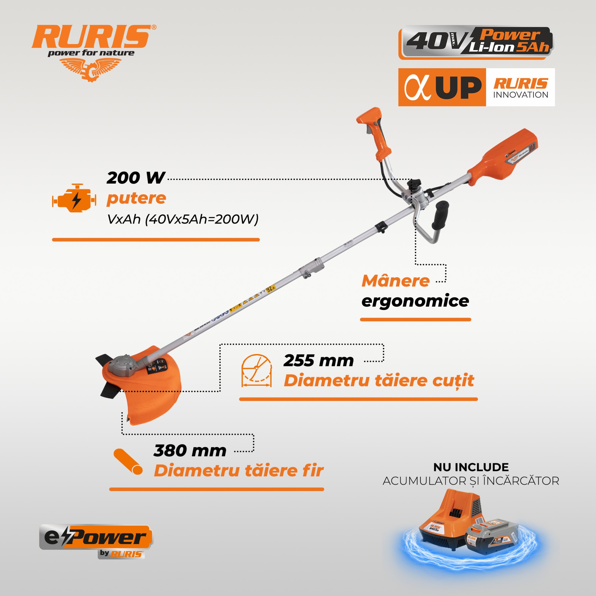 Motocoasa de tuns gazon/iarba pe acumulator Ruris RR3845e, 40 V 5.0 Ah ...