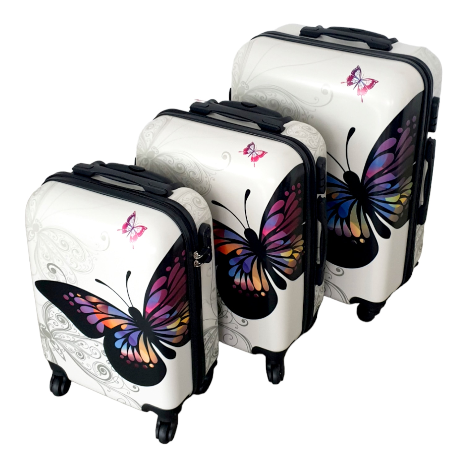 Set 3 valize troler policarbonat PC, 4 roti, fluture, 3 dimensiuni ...