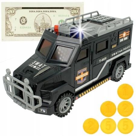 Set masina de politie SWAT ATM + 1 bancnote + 6 monede, Plastic, 37 x ...