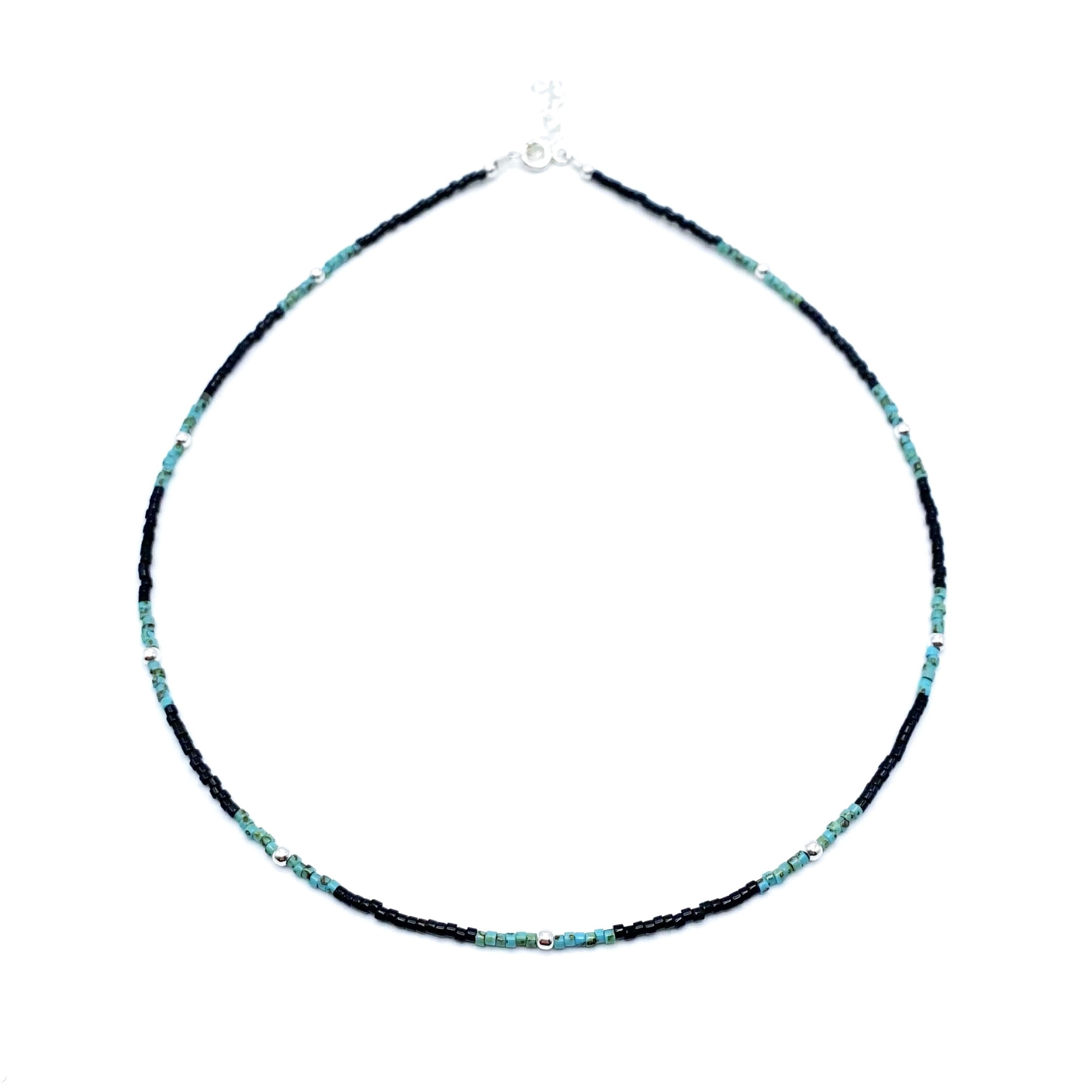 Colier cu margele Miyuki, negru/turcoaz si bilute din Argint 925 ...