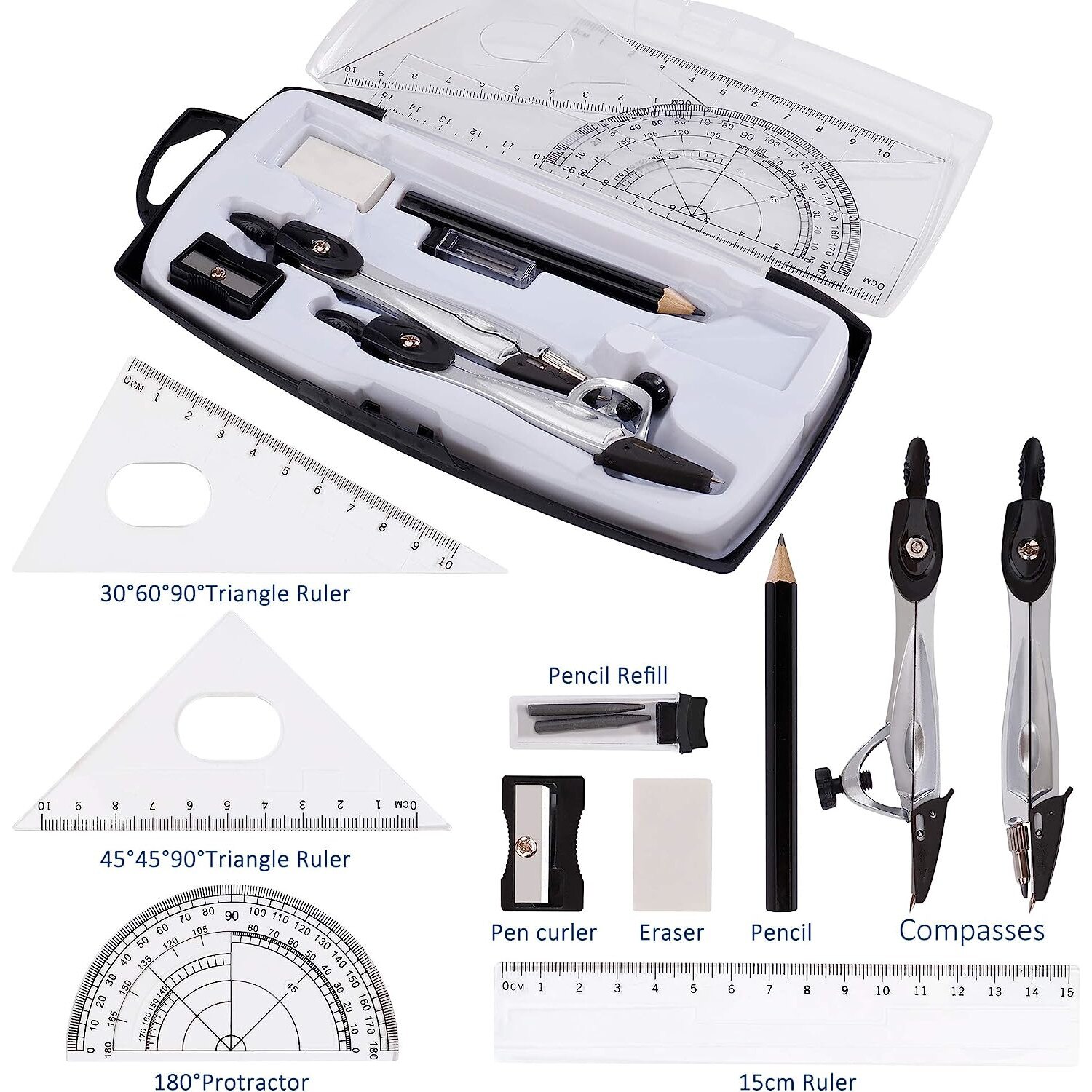 Set de geometrie, Metal/Plastic, 10 bucati, Negru - eMAG.ro