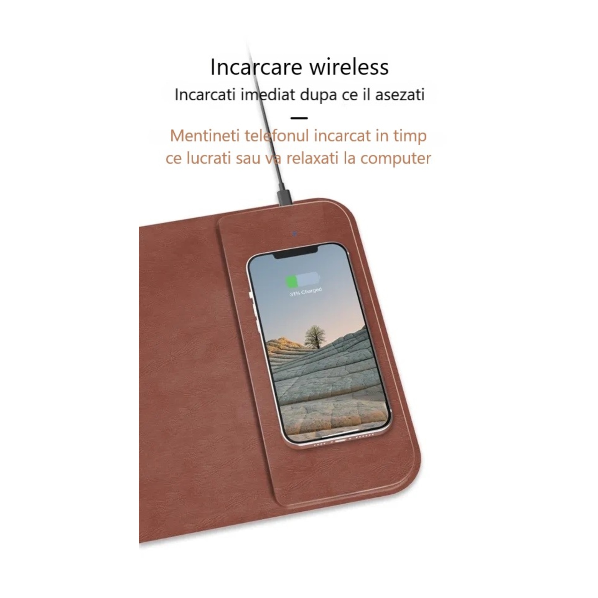 Mousepad pliabil cu incarcator wireless de 15W, Piele ecologica ...