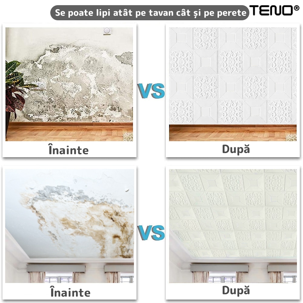 Set 10x Tapet 3D Teno®, autoadeziv, perete/tavan, waterproof, usor de ...