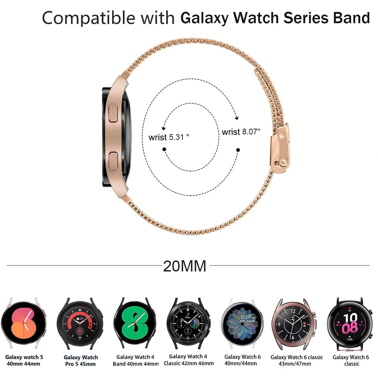 Curea ceas din metal milanez 20 mm, SAFEMORE, compatibil cu Samsung ...