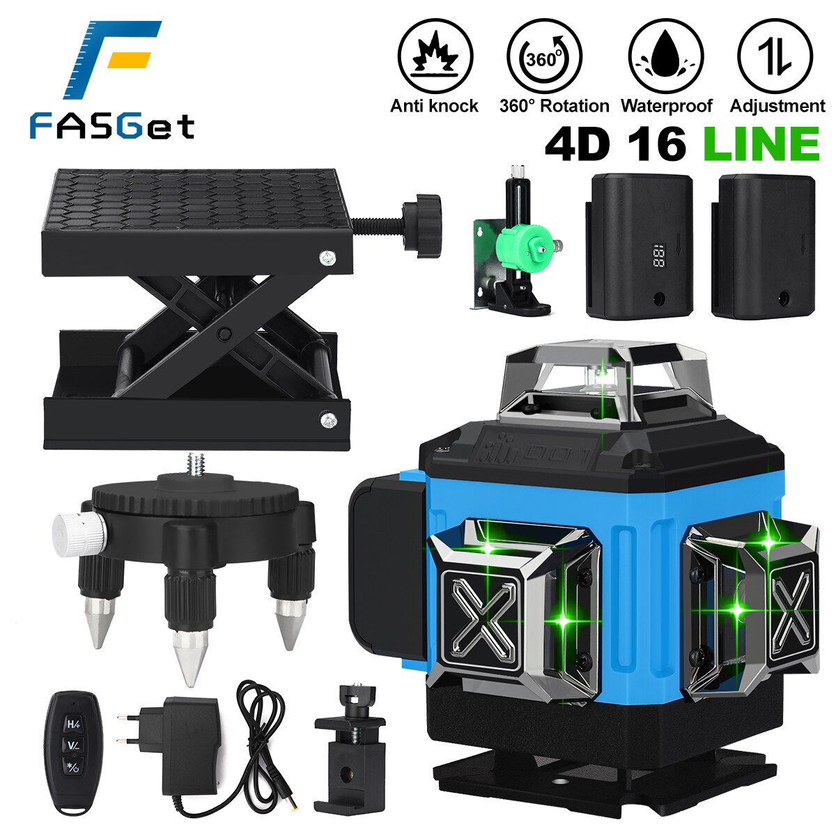 Nivel laser 4D cu 16 linii, MUSTOOL, 2 baterii, lumina verde, distanta ...