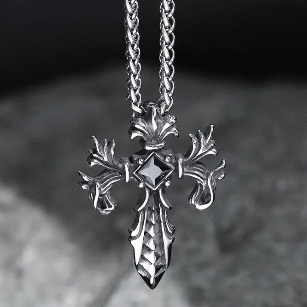 Lant model gotic, pandantiv cruce cu cristal, unisex, negru, EFAYN ...