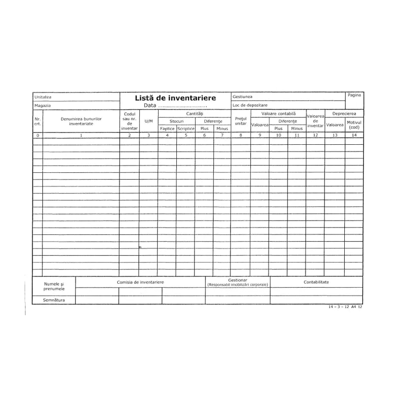 Lista inventar 14 coloane, format A4, orientare vedere, 100 file - eMAG.ro